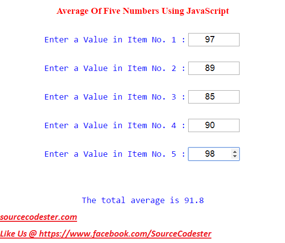 How To Get Average Of Five Numbers Using JavaScript Free Source Code 