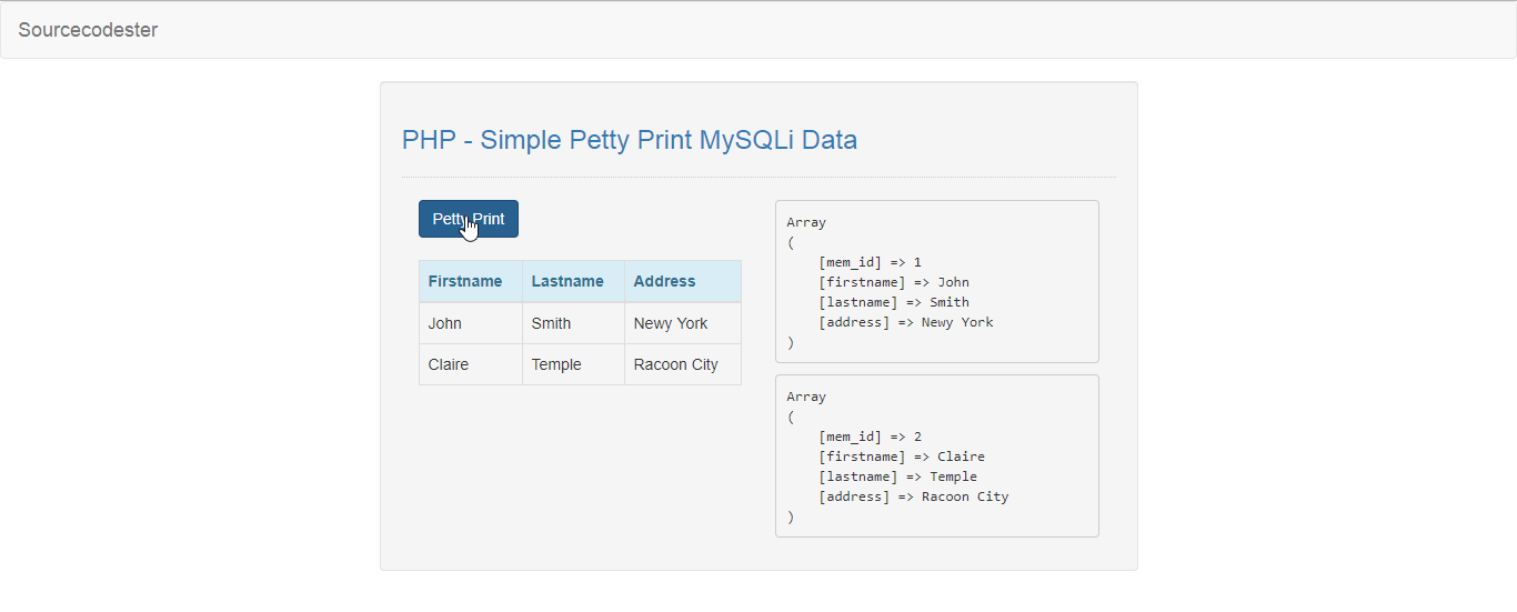 PHP Simple Petty Print MySQLi Data SourceCodester