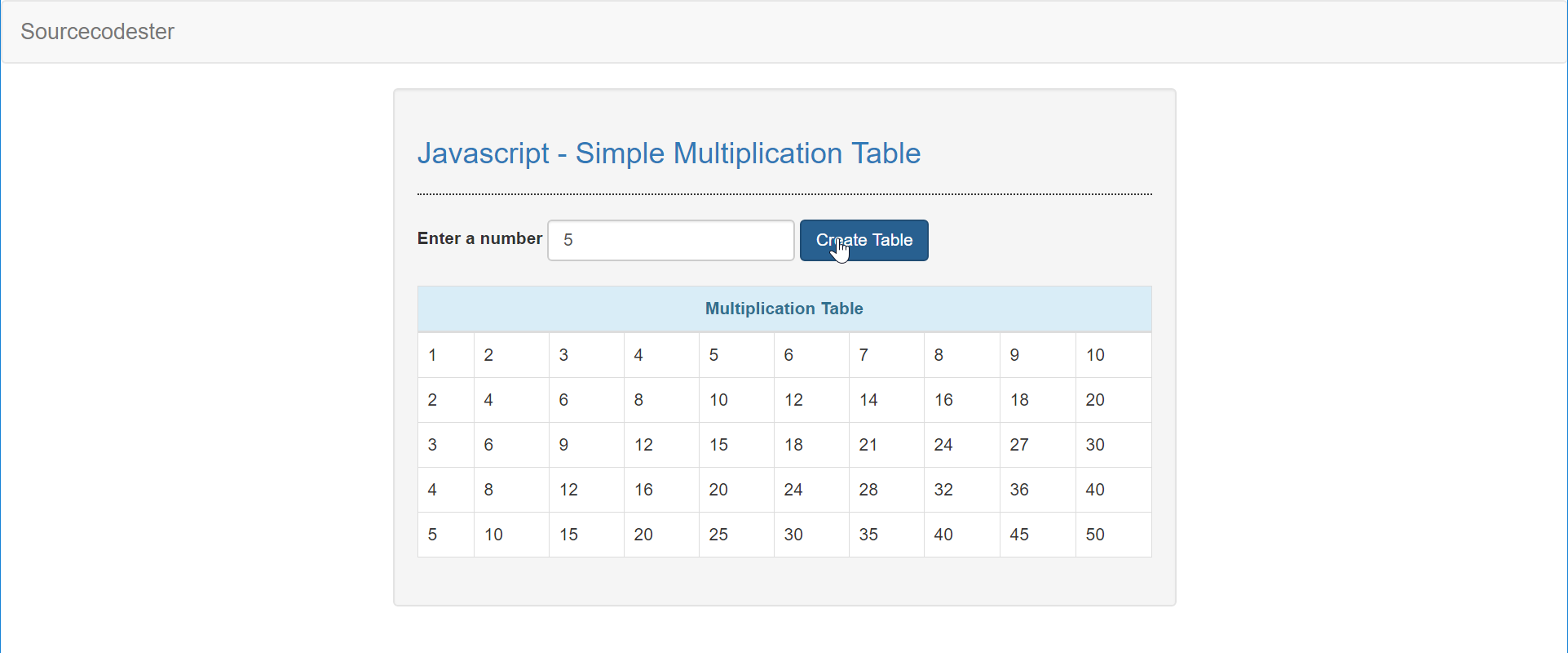 JavaScript Simple Multiplication Table SourceCodester