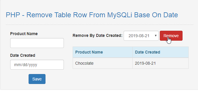 PHP - Remove Table Row From MySQLi Base On Date | SourceCodester PHP - Remove Table Row From MySQLi Base On Date | SourceCodester