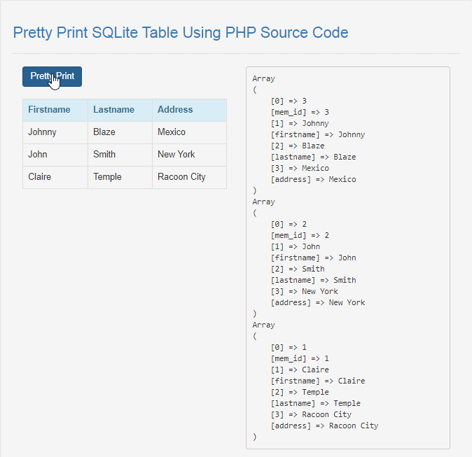 Pretty Print Sqlite Table Using Php Source Code Sourcecodester