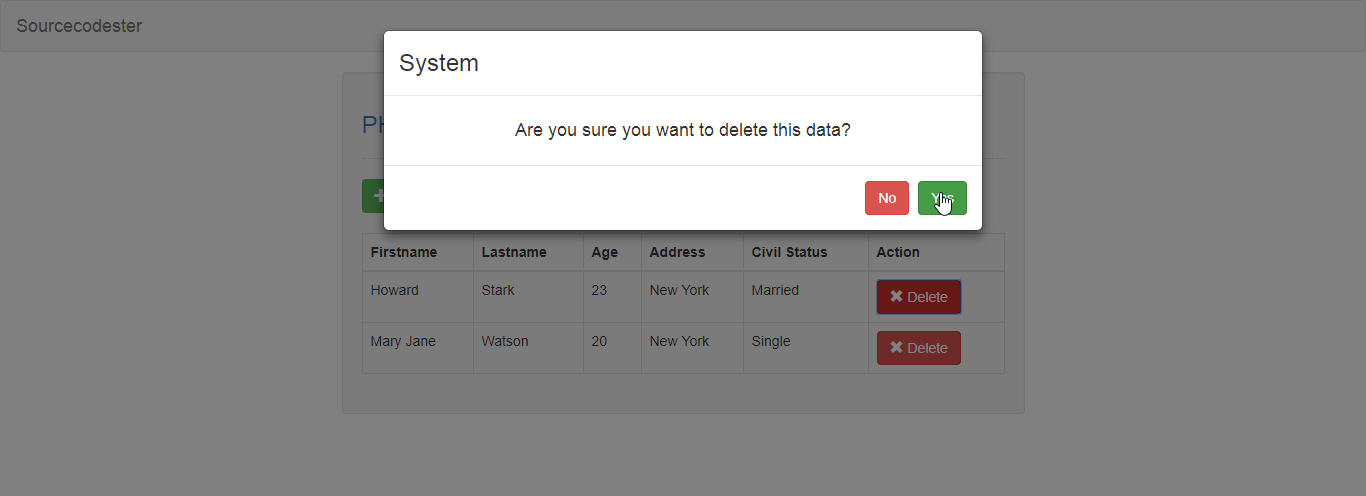 Php Delete Data Without Page Refresh Using Mysqli Sourcecodester
