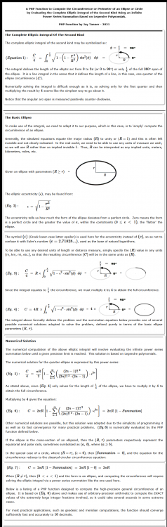 PHP Ellipse Circumference Function Numerical Solution To The Complete Elliptic Integral Of The PHP Ellipse Circumference Function Numerical Solution To The Complete Elliptic Integral Of The
