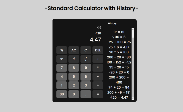 Standard Calculator With History Using Html Css And Javascript With Source Code Sourcecodester