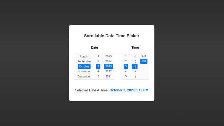 Scrollable Date Time Picker Using Html Css And Javascript With Source Code Sourcecodester 1834