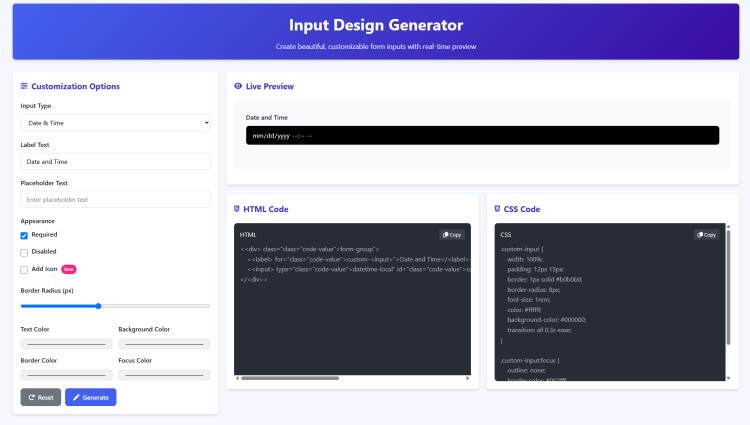 Input Design Generator Using Html Css And Javascript With Source Code