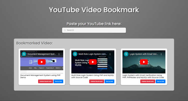 Youtube Video Bookmark Using Php And Mysql With Source Code Sourcecodester